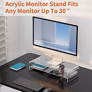 ErgoFocus 20inch Large Acrylic Monitor Stand Riser, 2-Tier Clear Monitor Stand with Built-in Phone Holder, Premium Acrylic Monitor Riser with Keyboard Storage