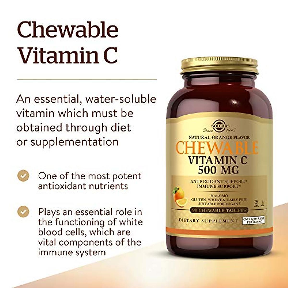 Solgar Vitamin C 500 mg Chewable Tablets, Orange Flavor - 90 Count - Antioxidant & Immune Support - Supports Healthy Skin & Joints - Non GMO, Vegan, Gluten Free, Kosher - 90 Servings