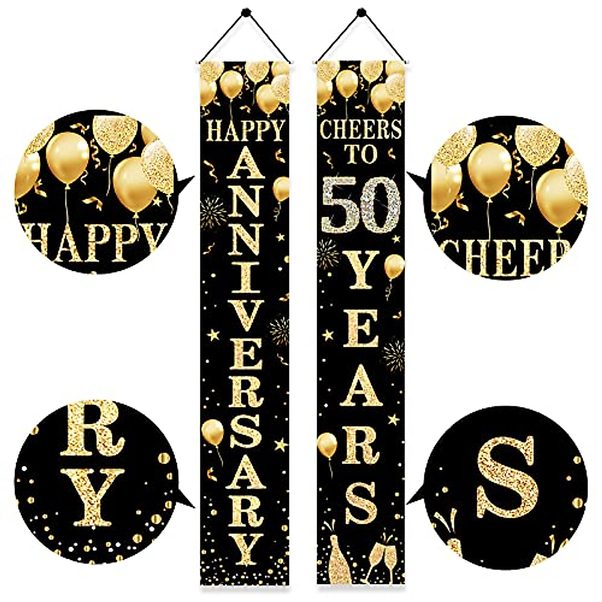 Happy 50th Anniversary Door Banner Decorations, 50 Wedding Anniversary Cheers to 50 Years Party Supplies, Black Gold Fifty Anniversary Welcome Door Décor Sign
