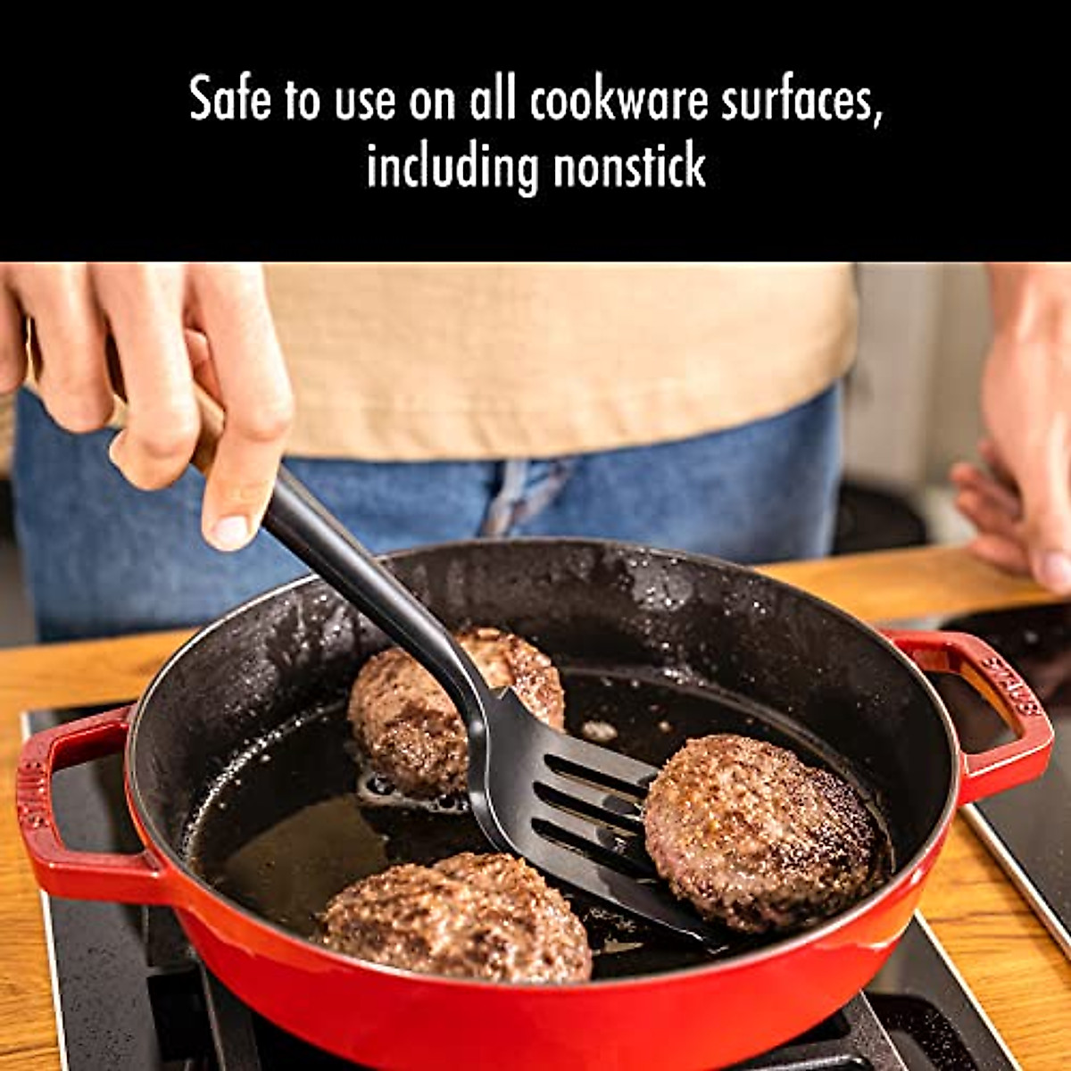 STAUB Silicone Spatula Turner, Perfectly Angled for Lifting Pancakes, Sandwiches and Picking up Veggies Durable BPA-Free Matte Black Silicone, Acacia Wood Handles, Safe for Nonstick Cooking Surfaces