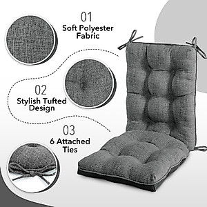 downluxe Indoor/Outdoor Rocking Chair Cushion Set, Tufted Comfortable Cushions for Rocking Chairs with Ties and Non-Slip Backing, Seat 17" x 17" x 3"/Back 21" x 17" x 3", Dark Grey, 2 Piece Set