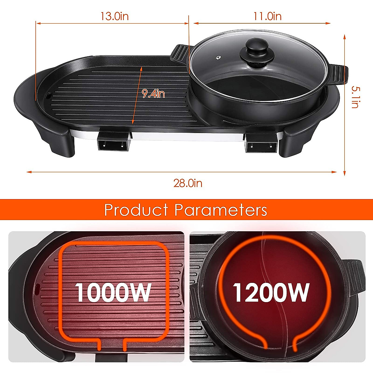 SEAAN Electric Removable Shabu-shabu Pot Grill Detachable Barbecue Grill with Large Capacity Baking Tray Non-Stick BBQ Pan Adjustable Temperature Double Flavor Hot Pot 110V