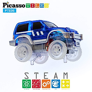 PicassoTiles 2pcs Magnetic Toy Car Set Highly Detailed Compatible with Magnet Race Track STEM Truck Replacement Accessories Educational Construction Building Kits for Toddlers Boys & Girls Ages 3+