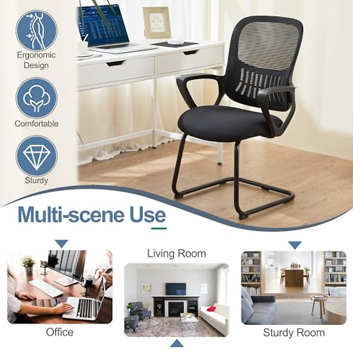 DUMOS Office Desk Chair No Wheels, Ergonomic Executive Sled Base Mesh Computer Chairs with Comfy Arms and Lumbar Support for Home Conference Room Bedroom Waiting Reception Guest Student Elderly