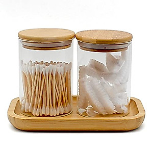 Qtip Holder, Glass Bathroom Canisters with Bamboo Lid, Cotton Ball Holder with Tray, Apothecary Jars for Cotton Swabs, Floss, Bathroom Accessories Storage Organizer (2 Pack)