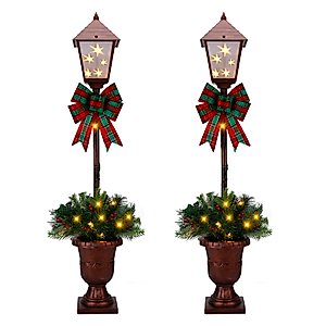 GREATDAY 2Pack 3.5-Foot Christmas Decorated Pre-Lit Lamp Post with 20 LED Lights with Timer by Batteries Operated for Front Door, Entryway, Patio Porch Home Decorations,Indoor&Outdoor use
