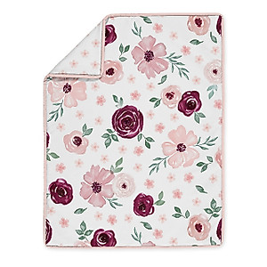 Sweet Jojo Designs Burgundy Watercolor Floral Baby Girl Nursery Crib Bedding Set - 4 Pieces - Blush Pink, Maroon, Wine, Rose, Green and White Shabby Chic Flower Farmhouse