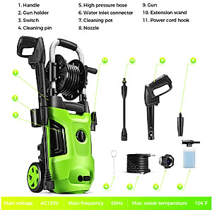 Suyncll Pressure Washer, MAX PSI 2.5GPM Electric Power Washer,1800W High Pressure Washer, Professional Washer Cleaner, with All-in-one Adjustable Nozzle and Hose, Best for Cleaning Cars (Green&Black)