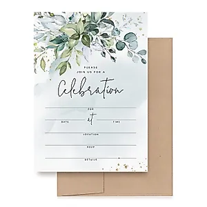 Bliss Collections 25 Einladungen mit Umschlägen für alle Anlässe, Greenery Aquarell-Einladungen perfekt für: Hochzeiten, Brautpartys, Geburtstagspartys oder besondere Anlässe, leeres Design