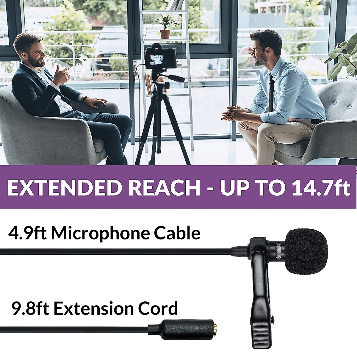 Purple Panda Dual Interview Lavalier Lapel Microphone Kit (2 Pack) for Podcast - Professional Omnidirectional Clip On Lav Mic - Compatible with iPhone, Android, DSLR Camera, Samsung, Zoom, Tascam