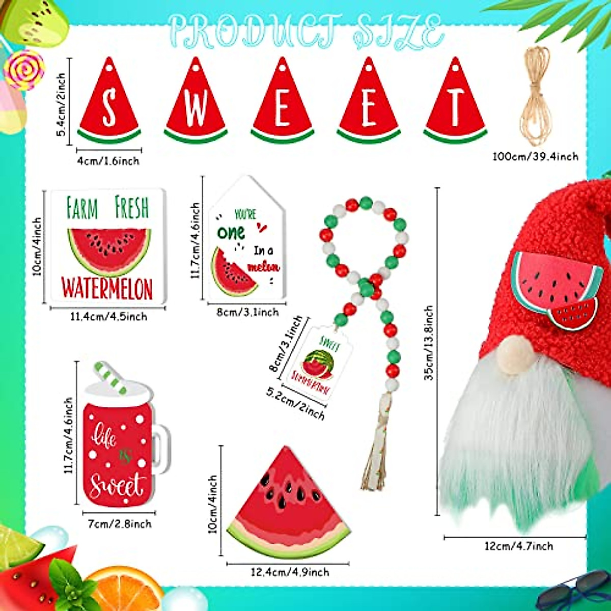 11 Pieces Watermelon Tiered Tray Decor Watermelon Wooden Kitchen Signs Watermelon Gnome Banner Beaded Garland Decor Set My Happy Summer Decor for Summer Fall Rustic Decor (Red)
