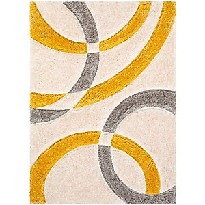 Well Woven Olly Yellow Geometric Stripes Thick Soft Plush 3D Textured Shag Area Rug 8x10 (7'10" x 9'10")