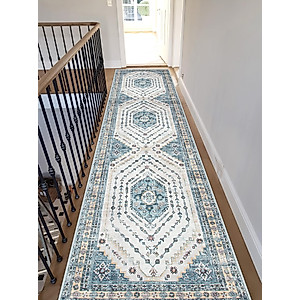 Sivilife Boho Hallway Runner Rug Washable Runner Rugs for Hallway, 2'6''X10' Extra Long Kitchen Rugs Non Slip, Blue Runner Rugs with Rubber Backing, Tribal Carpet Runner Rugs for Entryway Corridor