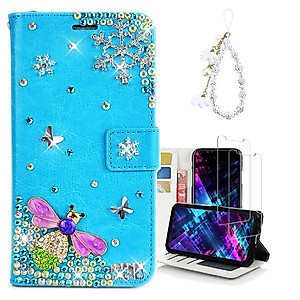 Fairy Art Crystal Wallet Phone Case Compatible with Samsung Galaxy Z Fold 5 - Bee - Blue - 3D Handmade Sparkly Glitter Bling Leather Cover with Screen Protector & Beaded Phone Lanyard