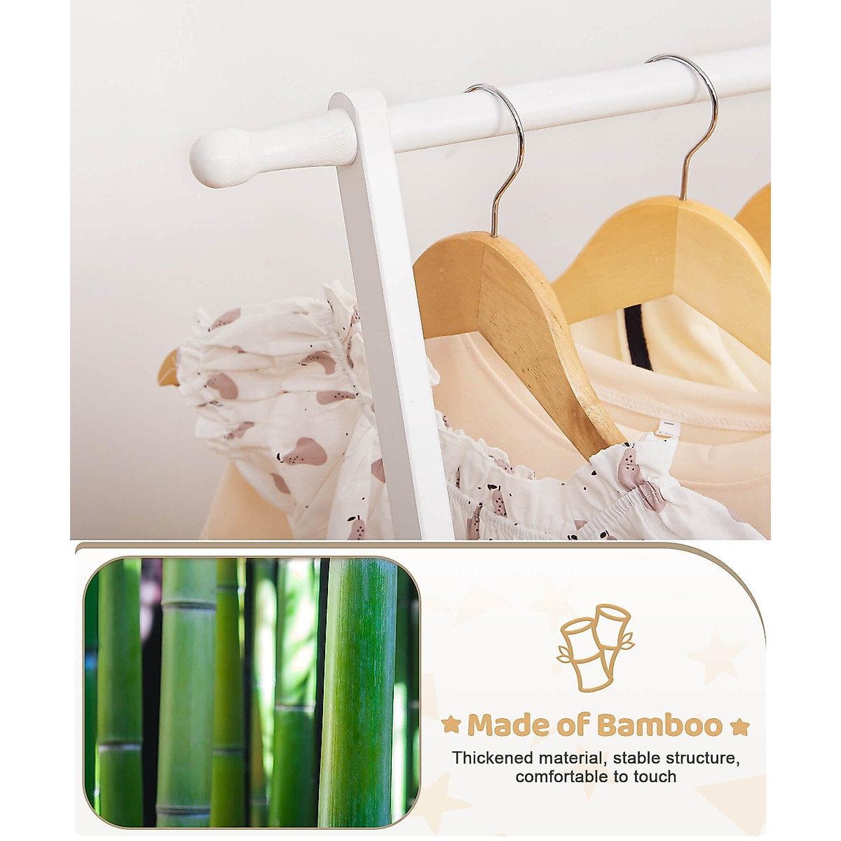 Cozivolife Kids Clothing Rack with 2 Hanging Rods and 4 Hooks, Kids Dress Up Rack with Bottom Storage Shelf, Child Garment Rack, Small and Foldable, Bamboo (White)