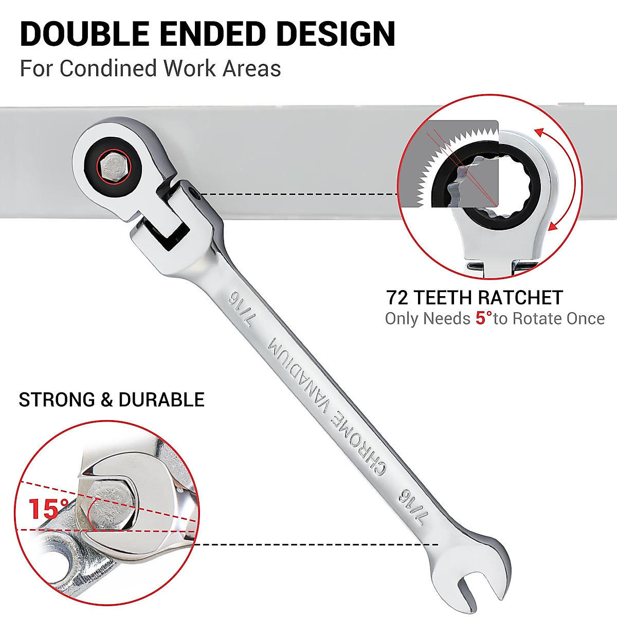 Pilida 1/2 Inch Ratcheting Combination Wrench 12 Point SAE Flex Head Gear Wrench Rachet Box End Spanner 72 Teeth Chrome Vanadium Steel