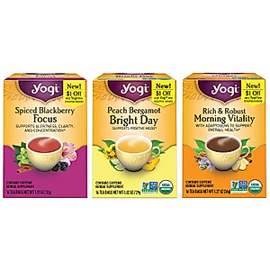 Yogi Tea - Morning Energy Variety Pack (3 Pack) Includes Peach Bergamot Bright Day, Rich and Robust Morning Vitality, Spiced Blackberry Focus - 48 Organic Tea Bags