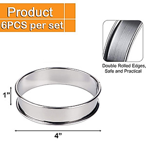 Uncle Jack 6 Pack 4‘' Double Rolled English Muffin Rings, Stainless Steel Crumpet Rings, Tart Rings, Round