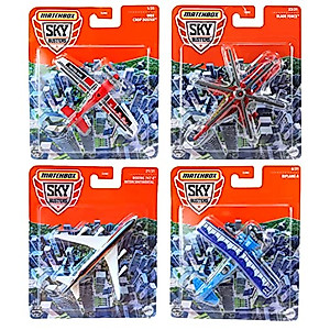 Toptoys2u Bargain Bundles Matchbox Sky Busters Diecast Models 4 Pack Bundle City Skyline Theme - Crop Duster, Blade Force Helicopter, Boeing 747-8 Intercontinental & Biplabe-A