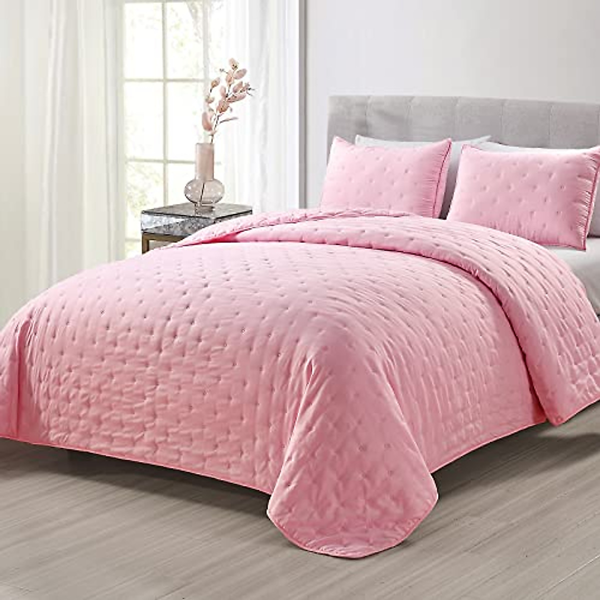 Mocaletto Reversible Quilts Set Queen Size, 3 Piece Pink Quilt with Pillow Shams, Point Pattern Microfiber Bedspread, Lightweight Soft All Season Coverlet for Bedroom,Hotel &Gift