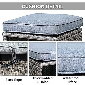 Verano Garden Patio Storage Ottomans, All Weather Wicker Ottoman Set with Removable Cushions, Outdoor Footstool footrest seat for Backyard, Garden, Poolside, Set of 2 (Grey)