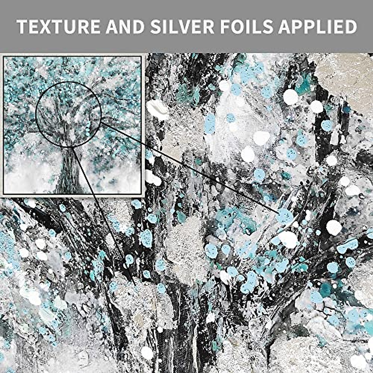 Abstract Landscape Canvas Wall Art: Blue Tree Blooming Pictures Large Nature Maple Oil Painting Print Framed Glitter Silver Foil Contemporary Hand Painted Artwork for Modern Living Room Bedroom Bathroom