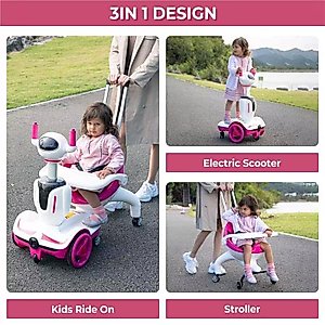 Kids 3-in-1 Electric Robot Buggy, Toddler Electric Ride On Car, Robot Scooter with Remote Control/Speed Adjustment/Emergency Stop, 3 Functions of Electric Car/Robot Scooter/Push Buggy-Pink White