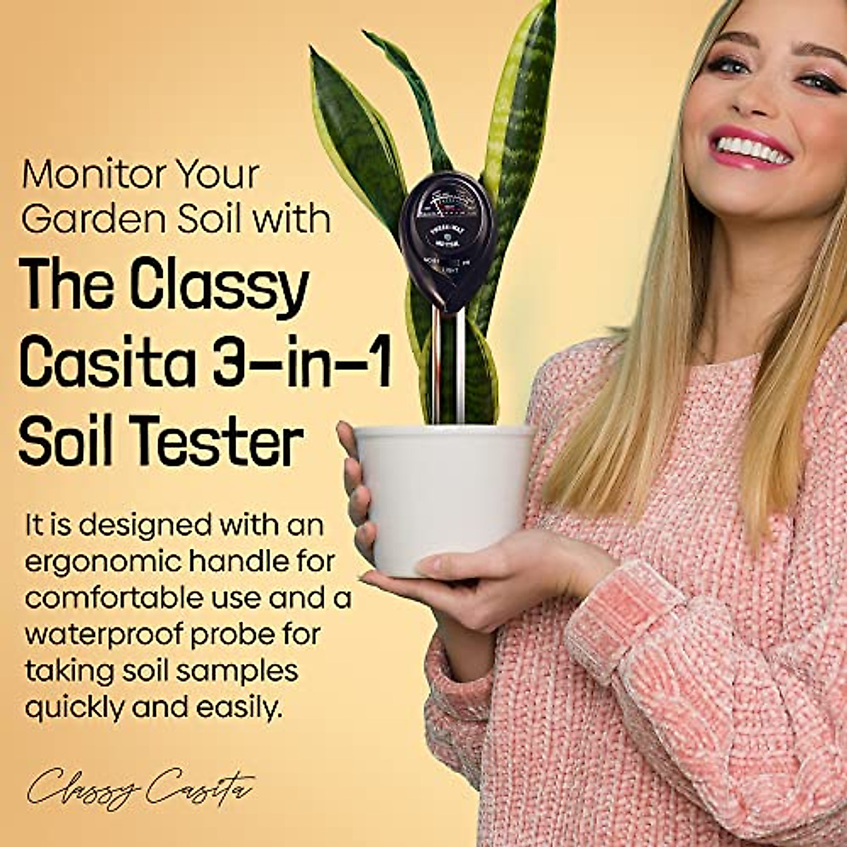 Classy Casita 3-in-1 Garden Soil Tester- Three Way Plant Soil Test Kit to Measure Soil Moisture, pH-Value, and Sunlight, Indoor and Outdoor Measuring Tool for House, Garden, Lawn,& Farm, Black.