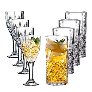 Royalty Art Kinsley Tall Highball Glasses and Win Glass Sets of 8,Textured Designer Glassware for Drinking Water, Beer, or Soda, Trendy and Elegant Dishware, Dishwasher Safe