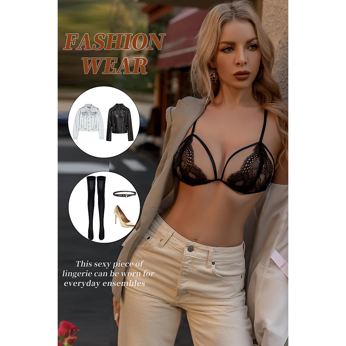 ADSEXY Women Lingerie Set with Garter Belt Sexy 3 Piece Lace Mesh Bra and Panty Set Teddy Babydoll Bodysuit (No Stockings) Black