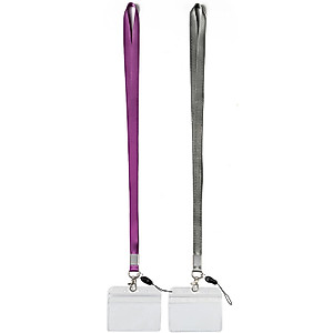 YOUOWO 2 Pack ID Badge Holders with Purple Lanyards Office Neck Strings Strap Grey Lanyard with Horizontal Heavy Duty id Holder PVC Name Tag Card Holder Waterproof Resealable Clear Plastic