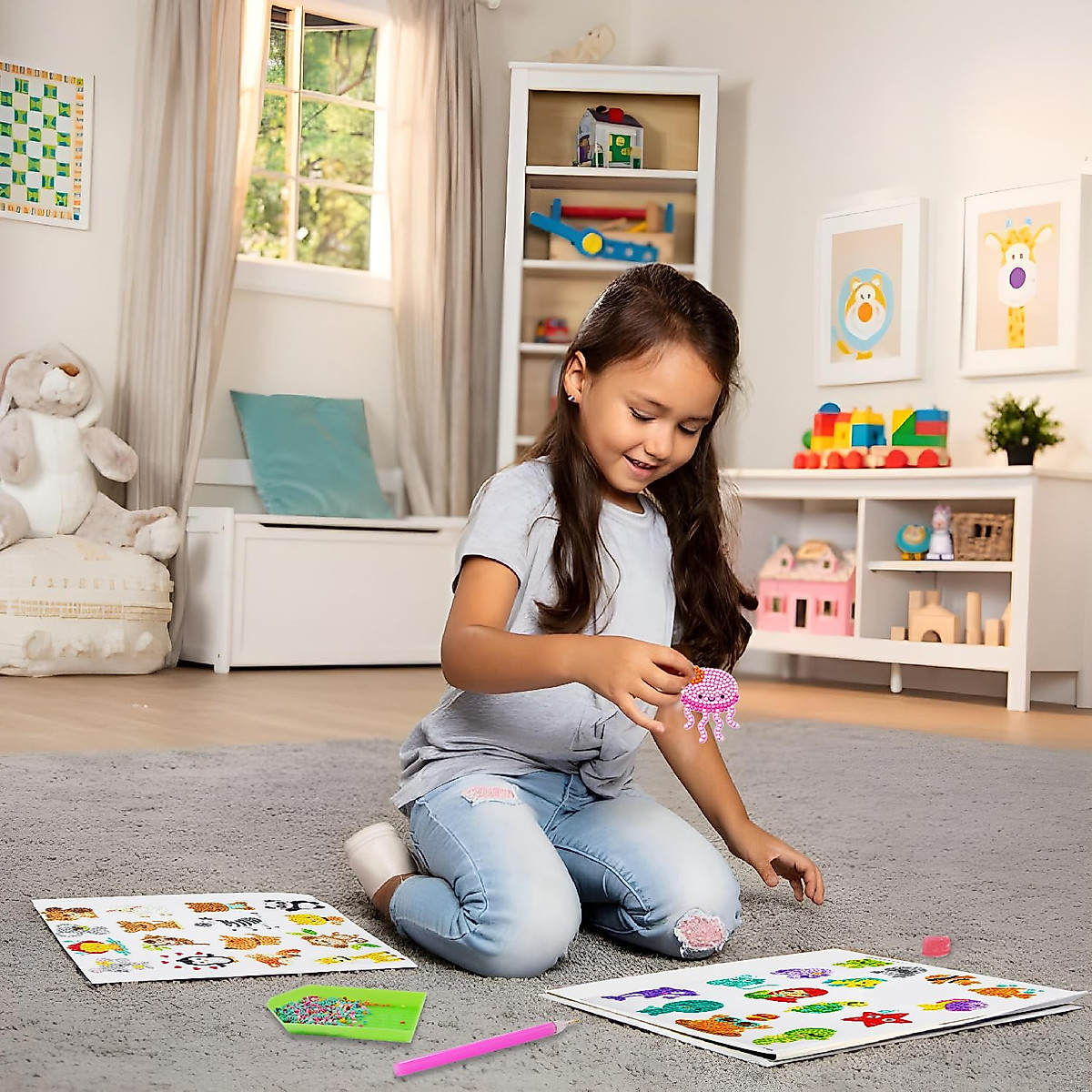 sinceroduct 64 PCS 5D DIY Diamond Painting Stickers Kits for Kids and Adult Beginners, Stick - Shaped Paint Marked with Diamonds by Numbers, More Cute Animals, Dinosaurs, Kids Gift