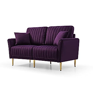 Yuxuanhang Loveseat with Removable Backrest Pillows, Modern Velvet Upholstered Sofas with Gold Metal Legs, for Living Room, Bedroom, Easy Assembly (Purple)