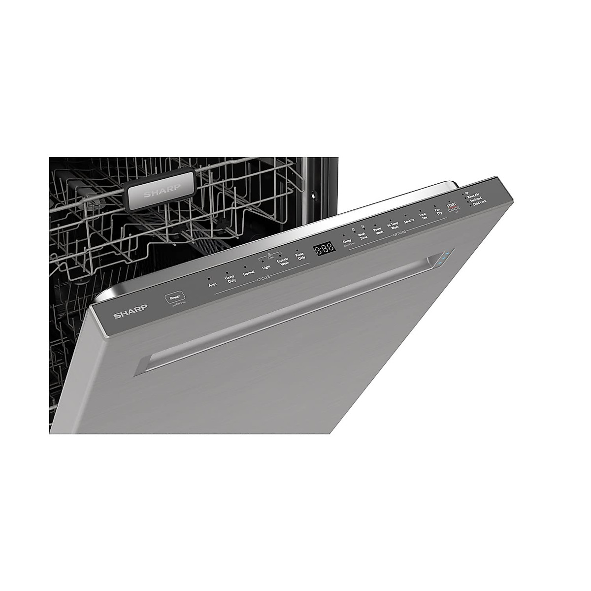 SHARP Smart Dishwasher Works with Alexa. Includes LED Interior lights, Stainless Steel interior, Heated Dry with Fan Assist, Wash Zone cleans half load on either rack, Adjustable Third Rack