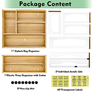 6 in 1 Ziplock Bag Organizer, Separate Bamboo Plastic Bag Organizer, Foil Dispenser with Cutter, with Acrylic Lid, Label, for Sandwich Snack Gallon Quart Bag, for Housewarming Mother's Day Gifts