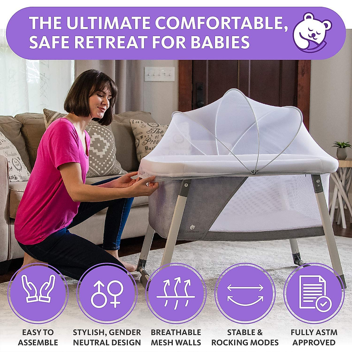 ComfyBumpy Travel Bassinet for Baby - Rocking & Sturdy Cradle - Includes Carry Case, Mosquito Net, Mattress, Sheets, Infant Crib, and Urine Pad - Portable Bed Side Sleeper for Newborn Babies