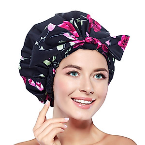 Reusable Shower Cap for Women Long Hair, Waterproof Large Shower Caps Adjustable, Washable, Breathable