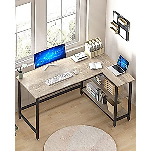 WOODYNLUX L Shaped Computer Desk - 43 Inch Home Office Desk with Shelf, Gaming Desk Corner Table for Work, Writing and Study, Space-Saving, Gray