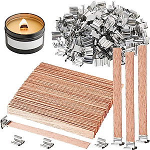 100 pcs Wooden Candle Wicks for Candle Making,6 inch Crackling Wood Wicks/Smokeless Candle Wick with Metal Base Clip 50 Sets
