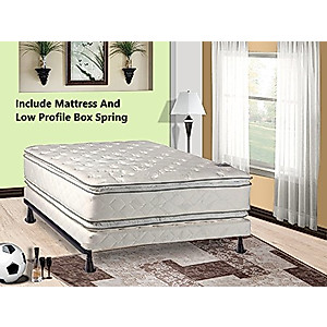 Mattress Solution Medium Plush Double Sided Pillowtop Innerspring Fully Assembled Mattress and 4" Low Profile Wood Box Spring/Foundation Set, Queen, White LT Brown