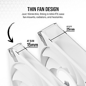 Corsair AF120 Slim, 120mm PWM Fluid Dynamic Bearing Fan (Thin Profile for Small-Form-Factor Cases, Low-Noise, Up to 2000 RPM, Zero RPM Mode Support, Universal 120x15mm Sizing) Single Pack, White