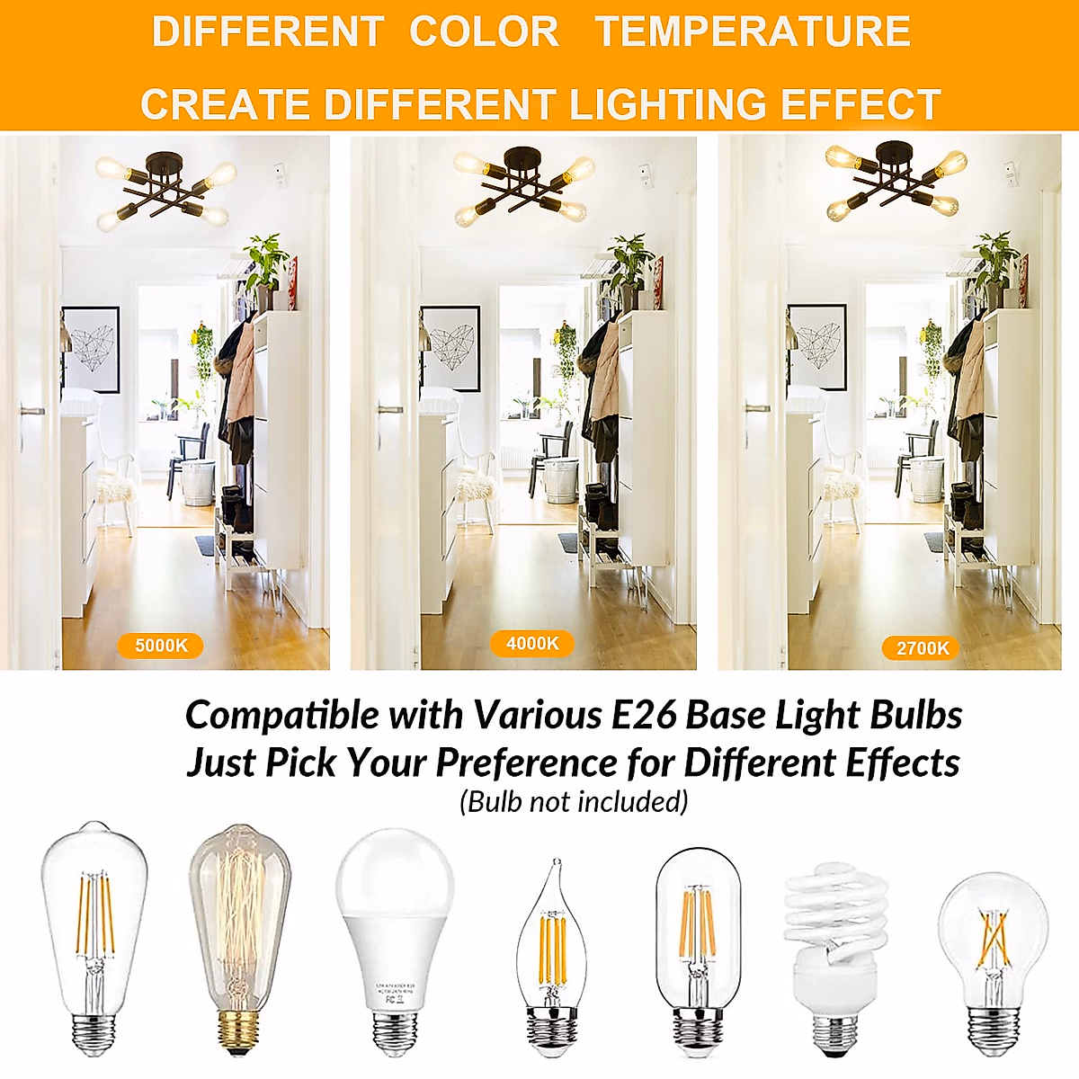 Giutna Modern Semi Flush Mount Ceiling Light Fixture,4-Light Farmhouse Light Fixtures Ceiling Mount,Industrial Chandelier Ceiling Lamp for Living Room Bedroom Kitchen Hallway,Bulb Not Included(Black)