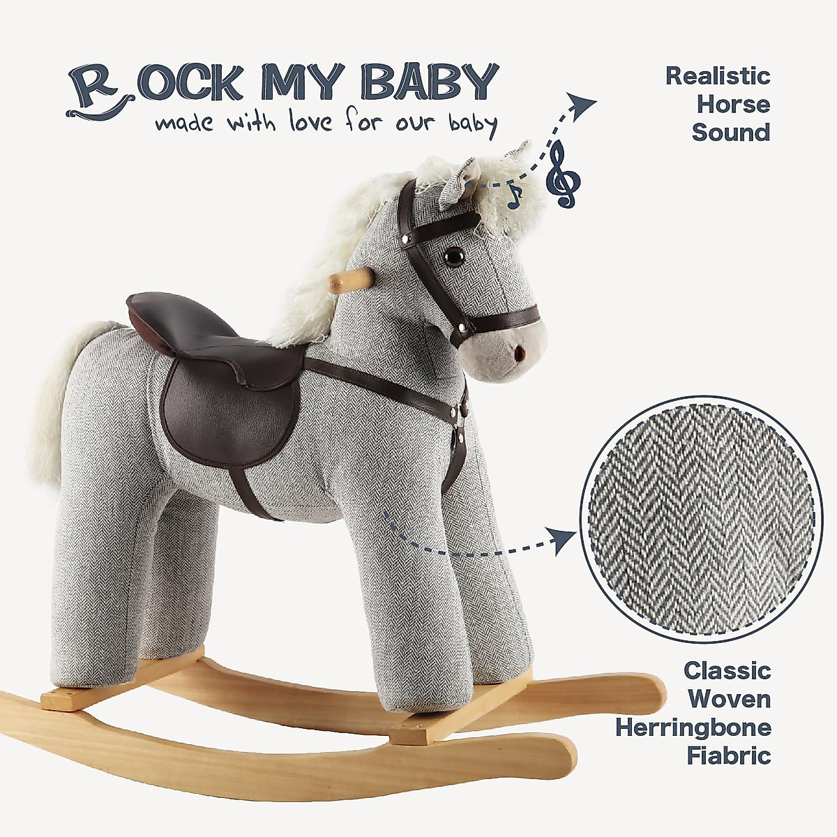 Rock My Baby Rocking Horse Gray, Ride on Pony with Realistic Sound, Wooden Rocking Toy, Rocking Animals, for Boy and Girl Age 2 Years and up (Gray Pony),CPC Certified