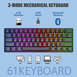 Ajazz G1000 USB Wired/2.4G/Bluetooth 3-Modes Wireless Mechanical Keyboard, Compact 61 Keys, Adjustable RGB Backlight, iOS/Android/Mac/Windows Compatible (Black, Blue Switch)