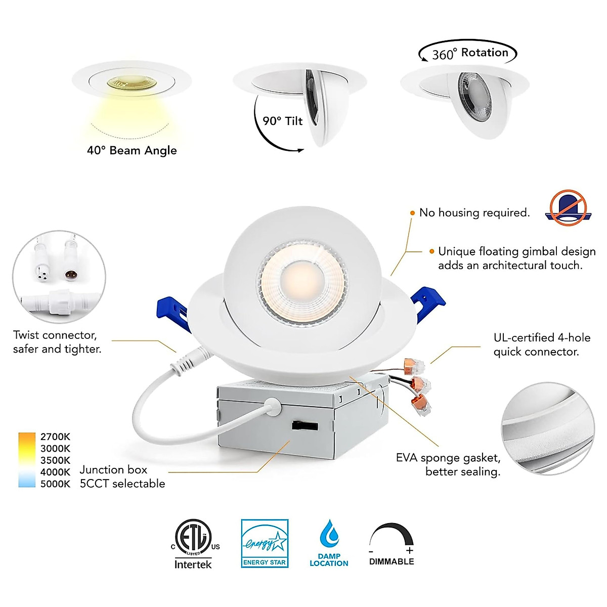 Adetu 4 Inch Gimbal Led Recessed Lights, 360°+90° Adjustable Directional Recessed Lighting, 2700K/3000K/3500K/4000K/5000K Dimmable Retrofit Eyeball Can Lights with Jbox, ETL(White, 6 Pack)