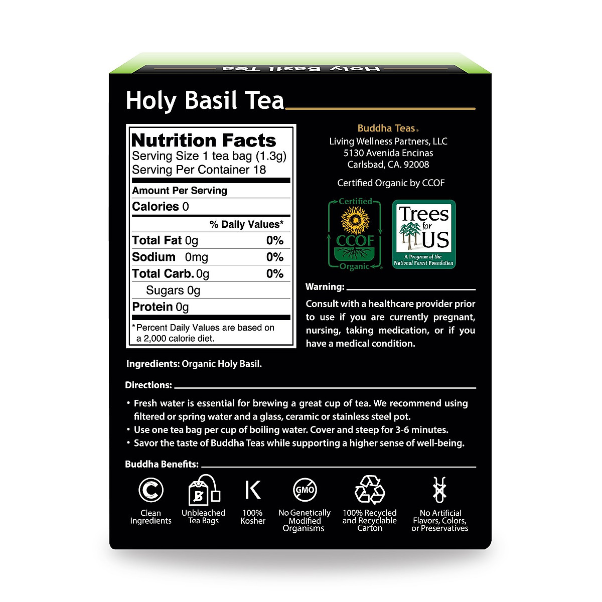 Buddha Teas - Holy Basil - Organic Herbal Tea - For Cognitive Balance & Overall Health - Ayurvedic Tulsi - With Antioxidants - Caffeine Free - 100% Kosher & Non-GMO - 18 Tea Bags (Pack of 1)