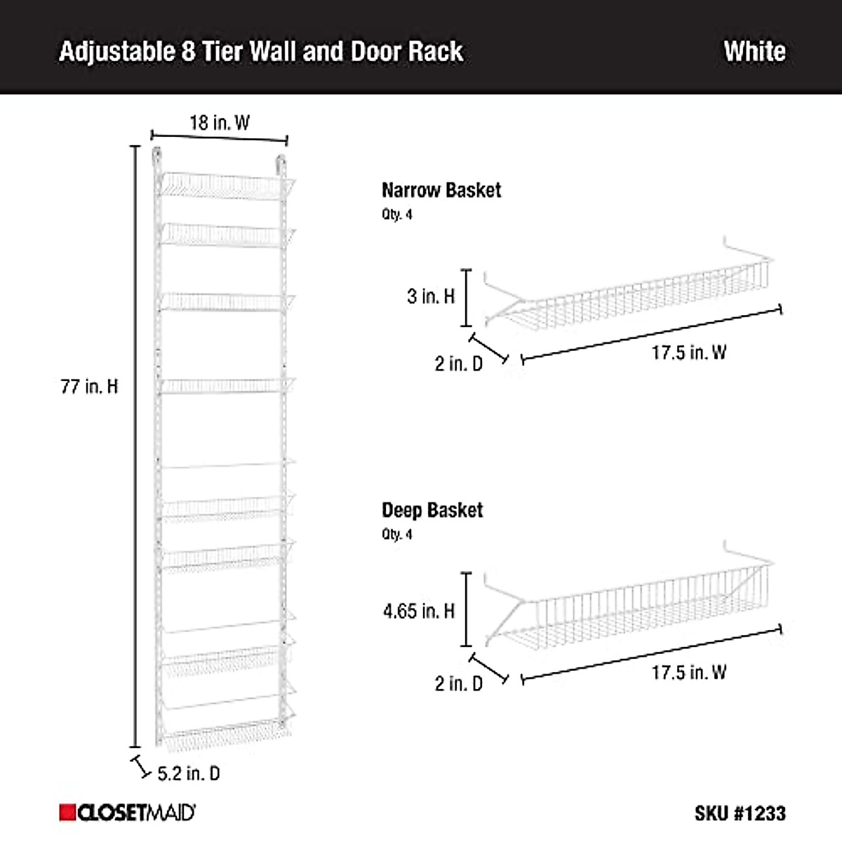 ClosetMaid Adjustable Organizer Rack with Baskets Wall or Over Door Mount, for Kitchen, Pantry, Utility Room, Closet, 18 in. W, White Finish, Inch