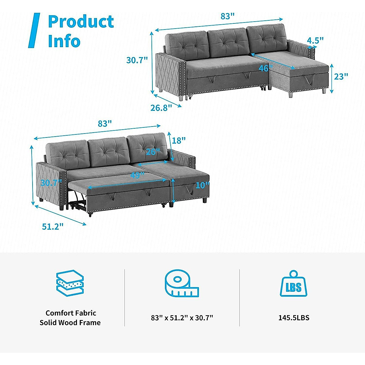 Mjkone 3 Seat L-Shape Sectional Sofa Couch with Pull Out Bed and Reversible Storage Chaise, Modern 83 Inch Sleeper Sofa with Breathable Velvet Fabric and Nailhead Trim for Living Room, Dark Gray