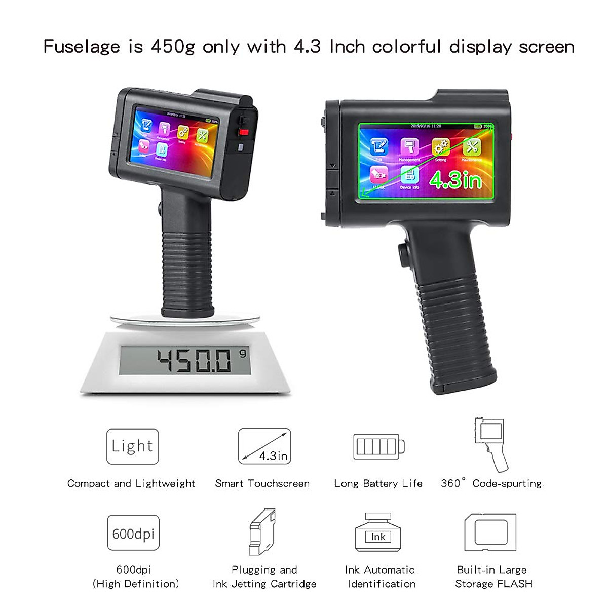 OLYBSJET Handheld Inkjet Printer HH6105B2 with bt-2580P Black & LED Touch Screen for Code Variable Data QR Logo Serial on Multi Surface,Expiration Date Printer (Support 17 Languages) (0.5inch/B2)