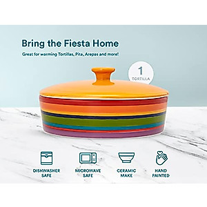 KooK Ceramic Tortilla Warmer, Colorful Design, Perfect for Pancakes, Holds up to 12 tortillas, 8.5 Inch Diameter, Taco warmer 40oz
